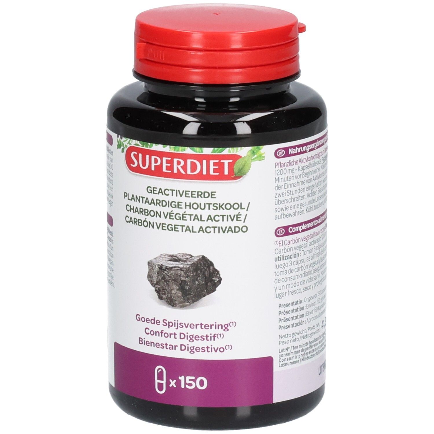 Super Diet Geactiveerde Plantaardige Houtskool 150 St - Farmaline