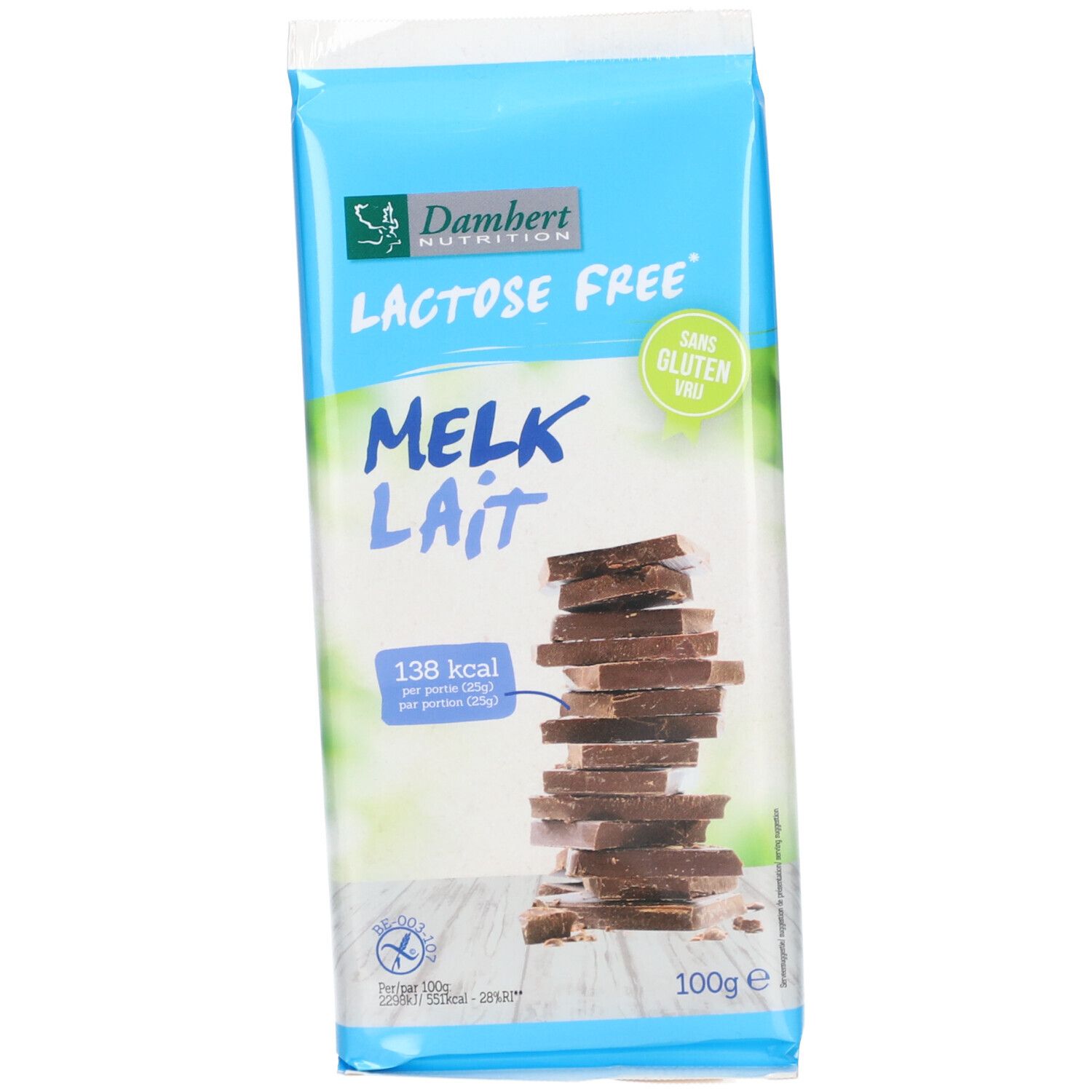 Damhert Lactose Free Chocoladetablet Melk Gluten Free 100 g - Farmaline