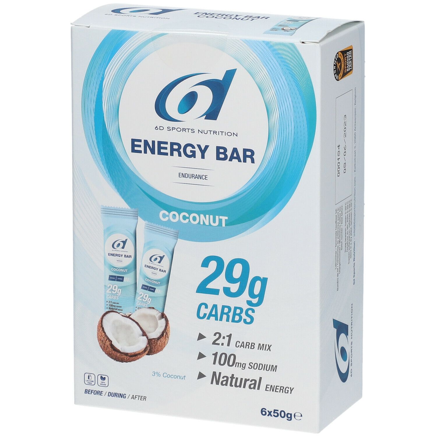 6D Sports Nutrition Energy Bar Coconut 6x50 g - Farmaline