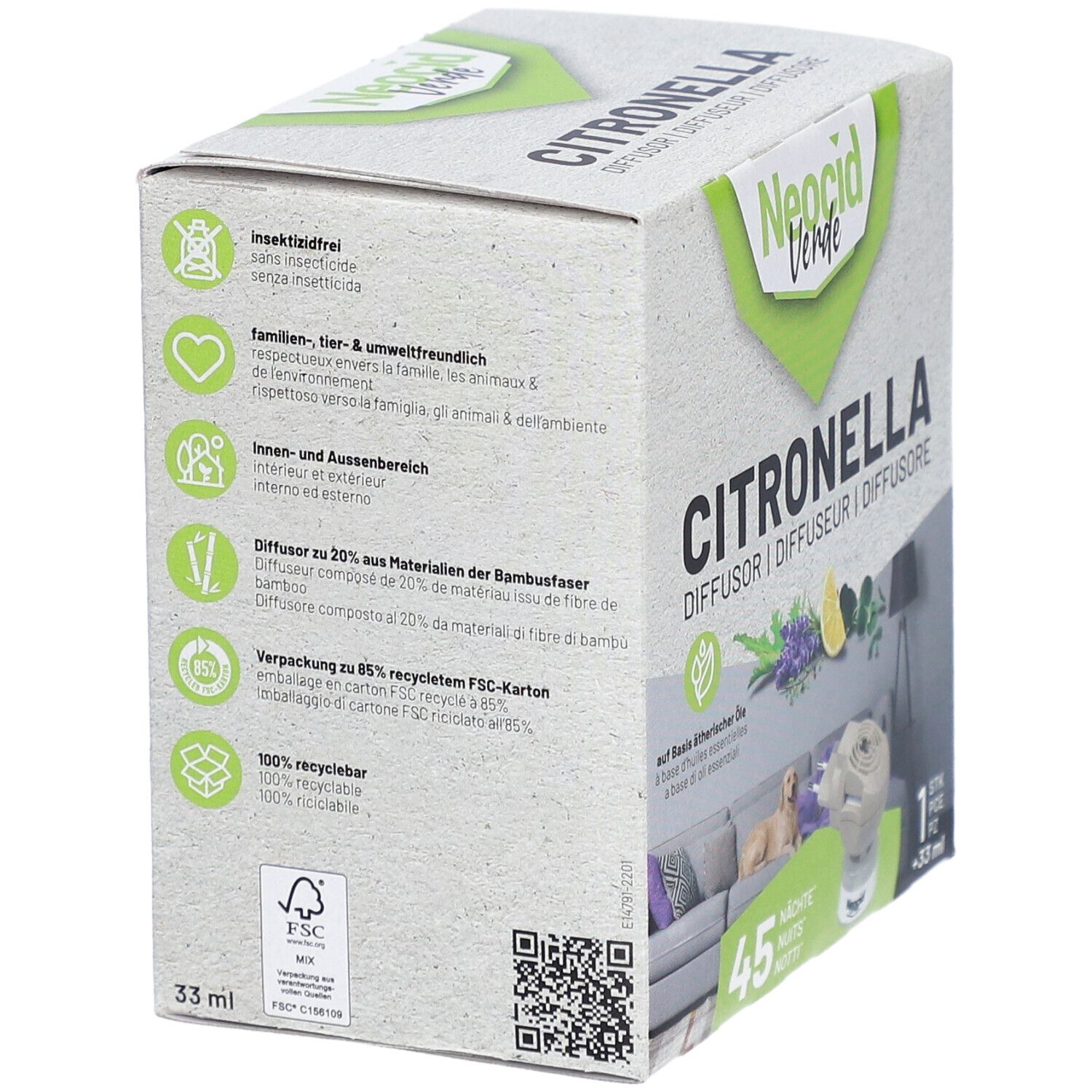 Neocid® VERDE Citronella Diffuser met essentiële oliën 33 ml - Farmaline