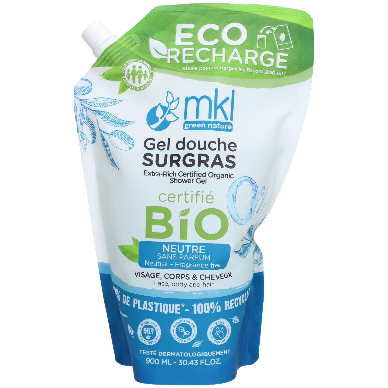 MKL Gel Douche Surgras Bio - Neutre - Eco-Recharge 900 ml - Farmaline